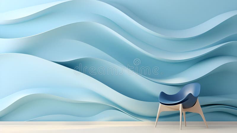 Serene Blue Wave Wall Design: Modern Chair in a Calming Abstract ...