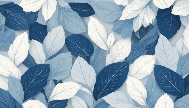 Serene Blue and White Leaves Pattern Background, Botanical Illustration with Elegant Leaf Design ...
