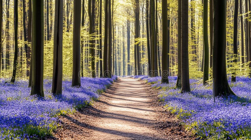 Serene Bluebell Forest Path Spring Sunlight Nature Walk View Trees ...