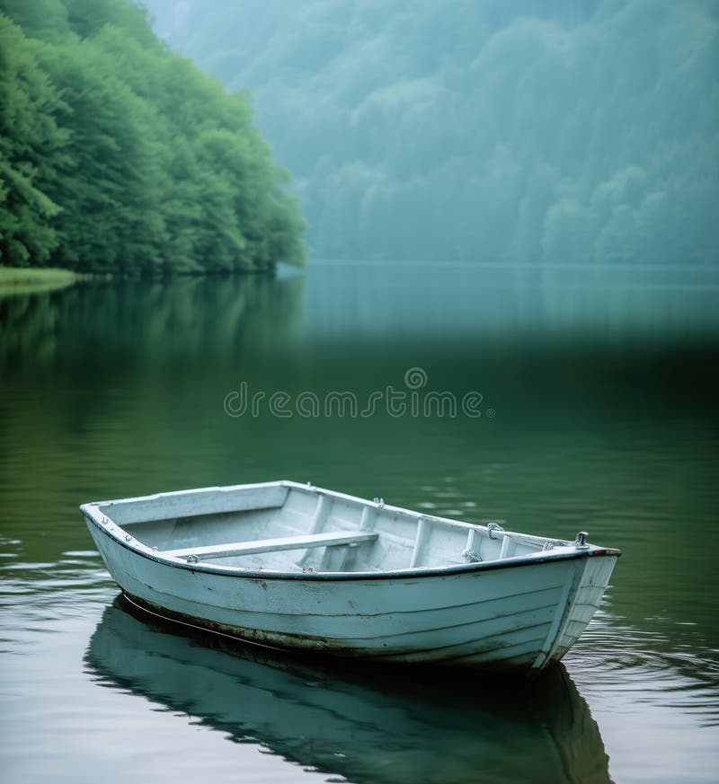 Serene Boat on Calm Lake Surrounded by Lush Greenery, Copy Space for ...