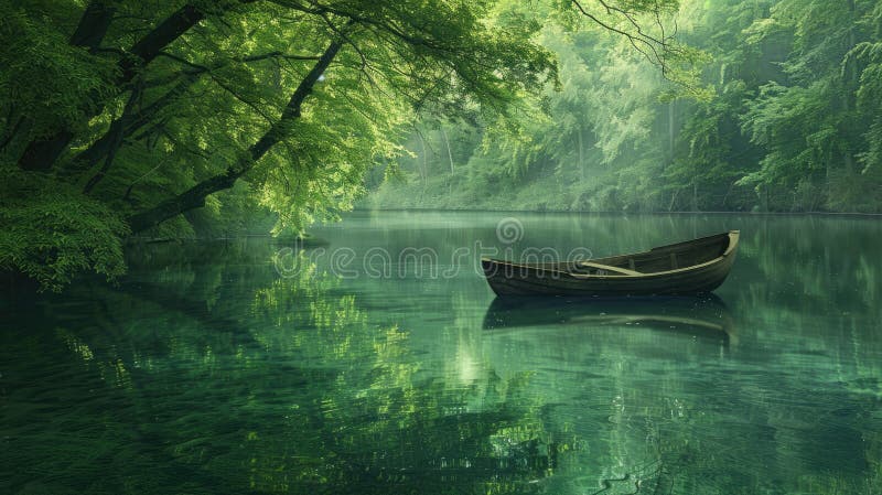 Serene Boat on a Calm River Surrounded by Lush Greenery Stock ...