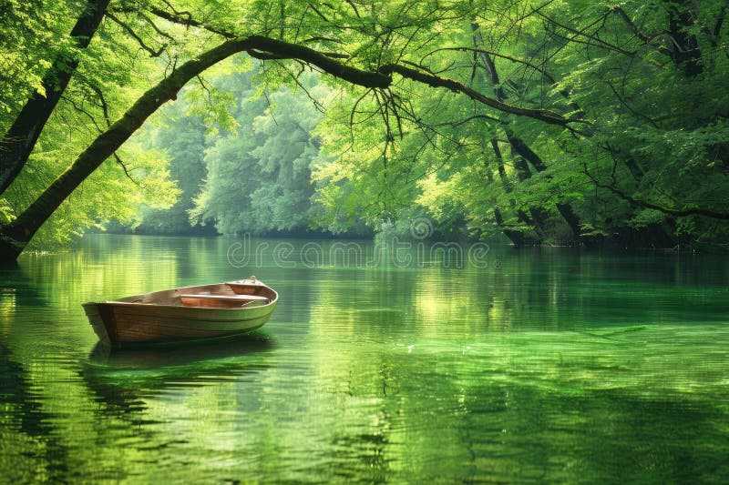 Serene Boat on a Calm River Surrounded by Lush Greenery Stock ...
