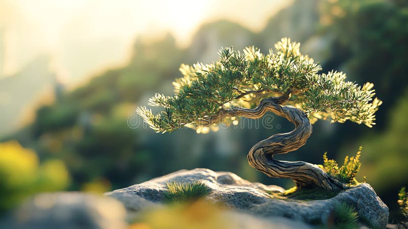 Serene Bonsai Tree Growing on Rocky Surface Stock Illustration - Illustration of grow, leave ...