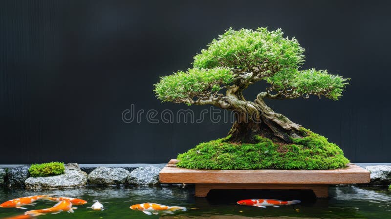 Serene Bonsai Tree with Koi Fish in Tranquil Water Garden Setting Stock ...