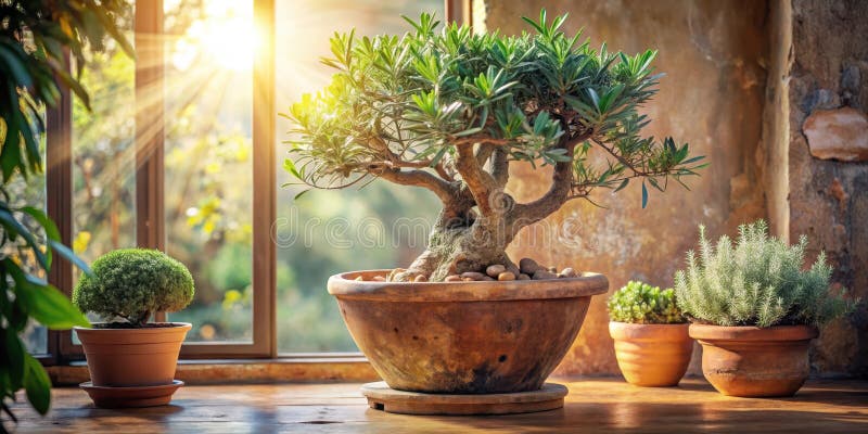 Serene Bonsai Tree in Rustic Pot Basking in Sunlight on Wooden ...