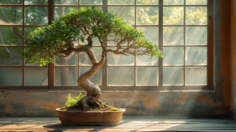 Serene Bonsai Tree by Window - Generative Ai Stock Illustration ...