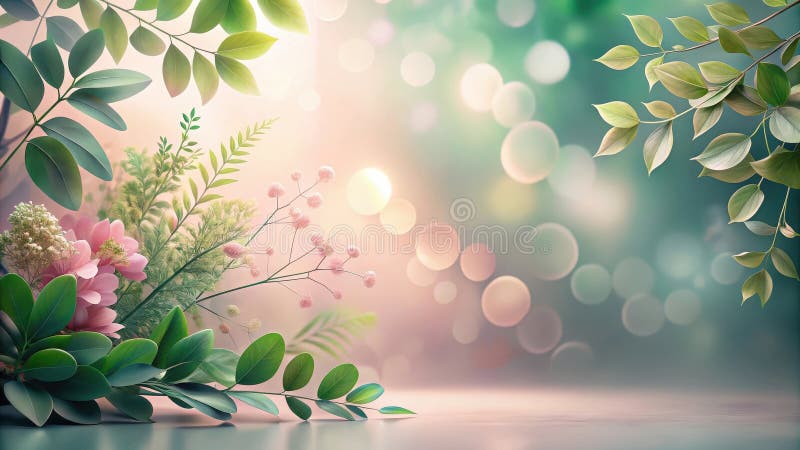 Serene Botanical Composition Soft Pink Blossoms and Lush Greenery on a ...