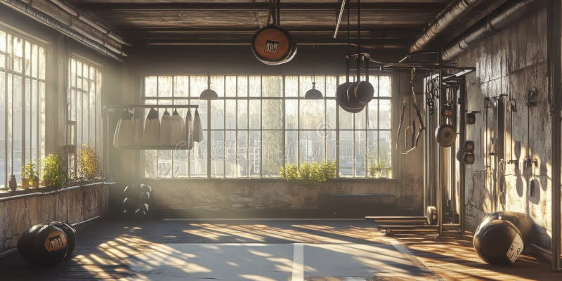A Serene Boxing Gym with Equipment Hanging and Sunlight Filtering ...