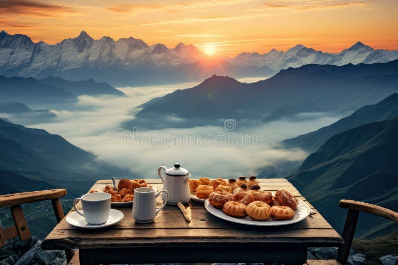 Serene Breakfast Mountains Winter. Generate Ai Stock Photo - Image of ...
