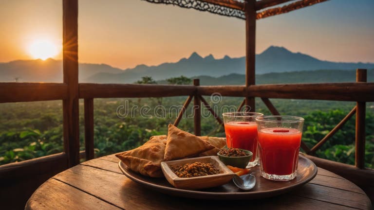 Romantic Sunset Dinner with Samosas and Juice on a Balcony Stock ...