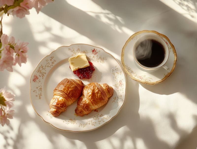 A Serene Breakfast Scene Featuring Croissants, Jam, Butter, and Coffee ...