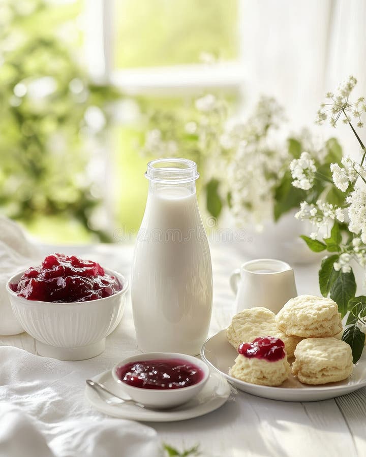 A Serene Breakfast Scene Featuring Milk, Biscuits, and Berry Jam ...