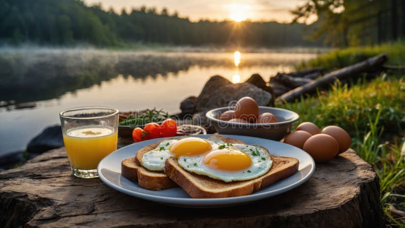 A Serene Breakfast Scene by a Lake Featuring Eggs, Toast, and Juice at ...