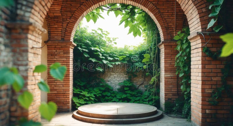 Serene Brick Archway with Circular Platform and Green Vista. Stock ...