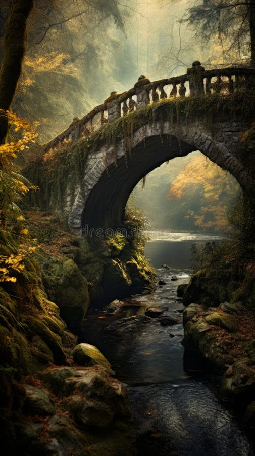 A Serene Bridge Connecting Two Sides of a Tranquil Forest Stream Stock ...