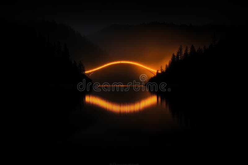 A Serene Bridge Spans a Tranquil Lake Under the Night Sky, Illuminated ...