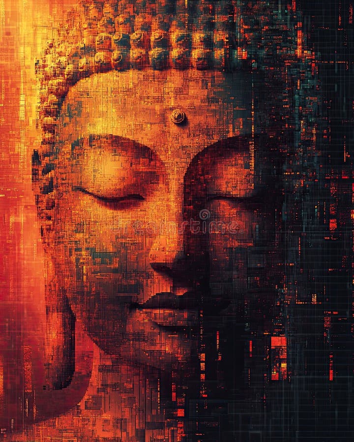 A Serene Buddha Face Enveloped in Vibrant Digital Textures and Colors ...