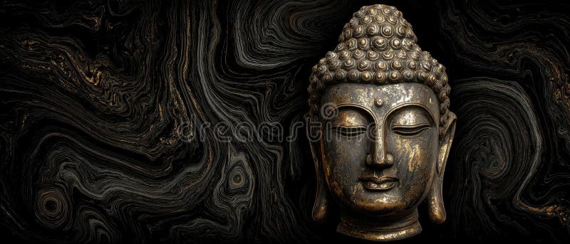 Serene Buddha Head Against Abstract Black Gold Marble Background Stock ...