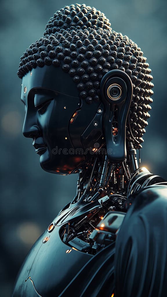 Serene Buddha Statue Bust. a Humanoid Robot, Android or Cyborg, Sitting ...