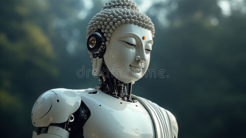 Serene Buddha Statue Bust. a Humanoid Robot, Android or Cyborg, Sitting ...