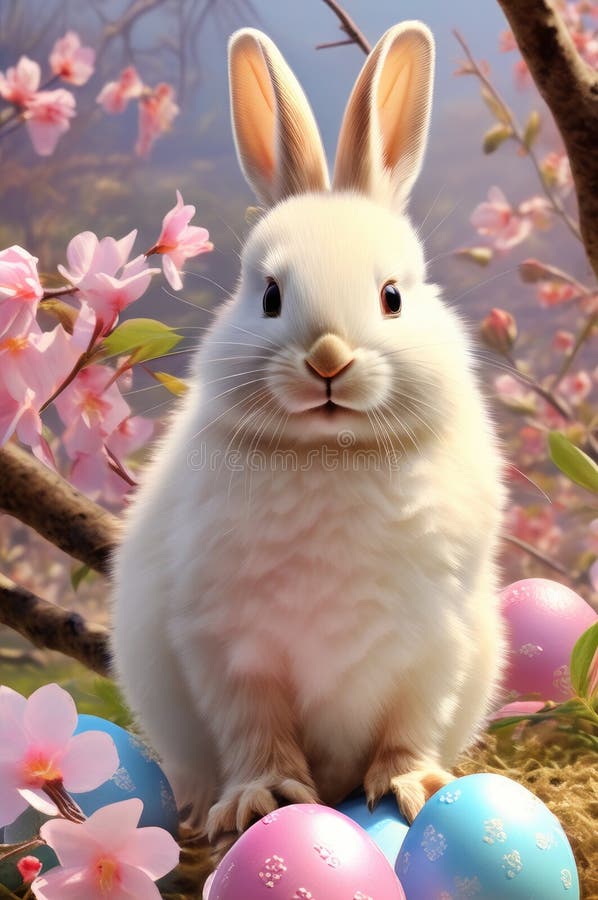 Serene Bunny with Spring Blossoms Stock Image - Image of white, gentle ...