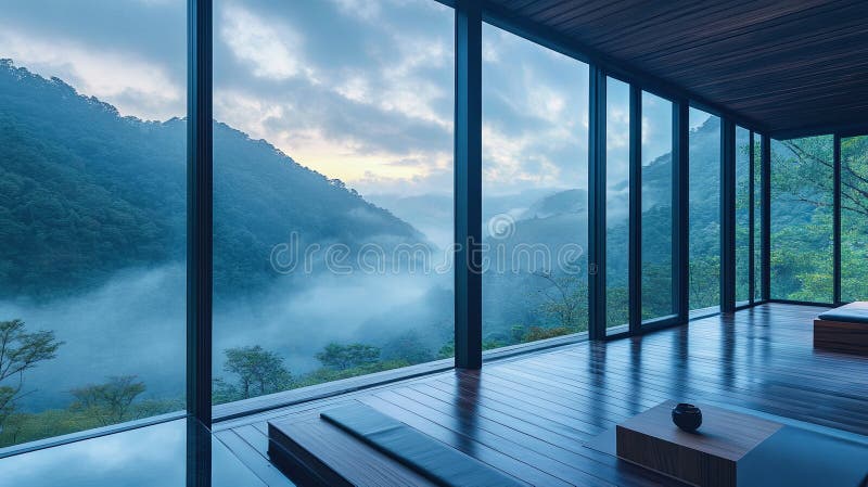 A Serene Cabin with Floor-to-ceiling Windows Overlooking a Misty Valley ...