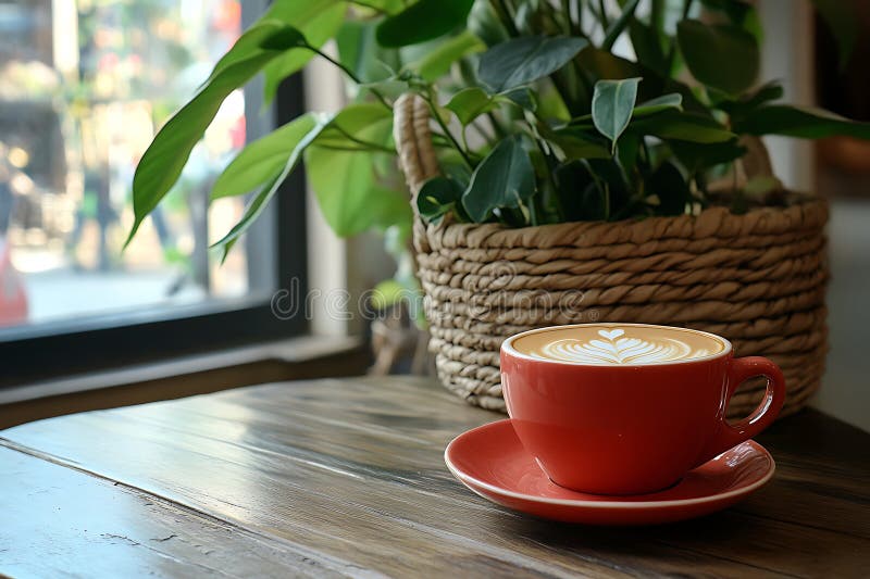 Serene Cafe Corner: Red Latte Cup, Lush Plant, and Sunlit Window View ...