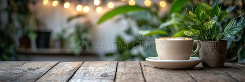Serene Cafe Scene Rustic Table Awaits with Golden, Bokeh Light, and ...