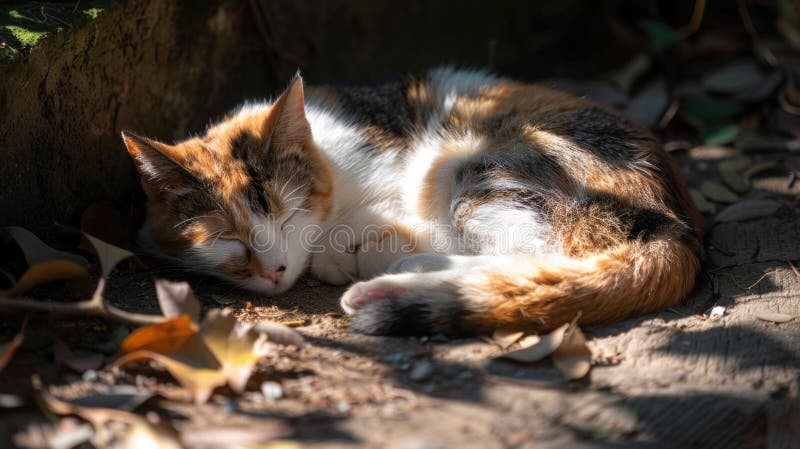 Serene Calico Cat Sleeping Peacefully in Dappled Sunlight. Stock Image ...