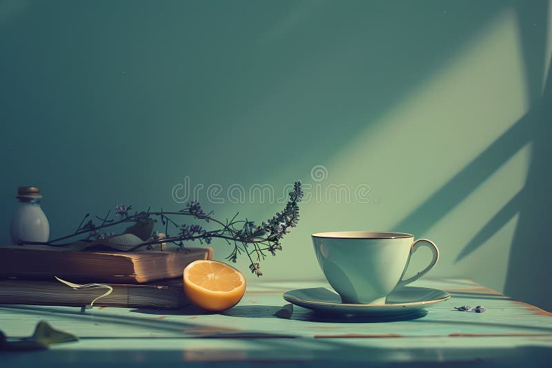 A Serene, Calming Scene Featuring an Empty Cup of Tea on the Right Side ...