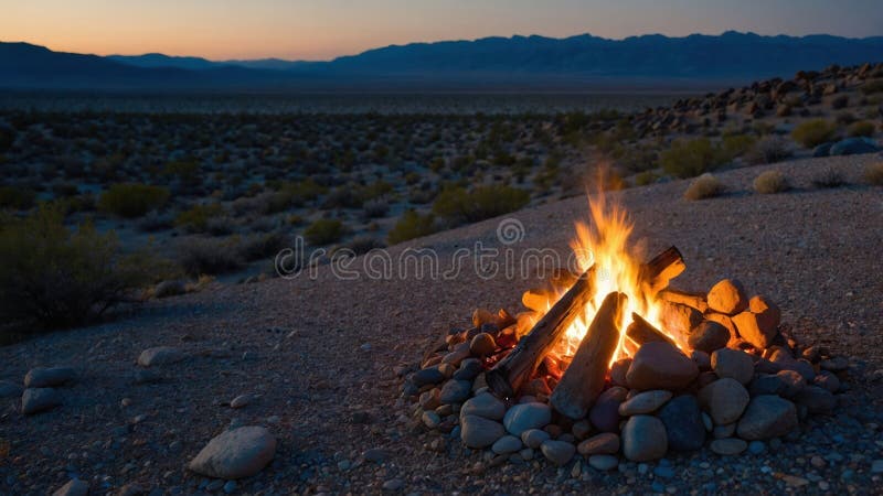 Campfire at Sunset in Desert Landscape Stock Illustration ...