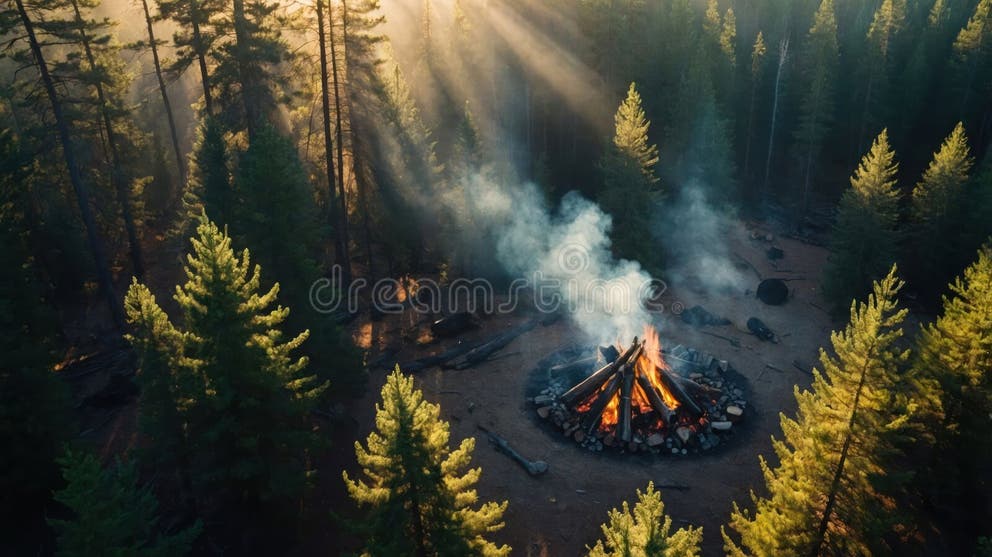 Majestic Sunrise Campfire in a Pine Forest Stock Illustration ...