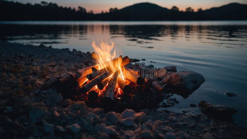Romantic Bonfire on Calm Lake at Sunset Stock Illustration ...