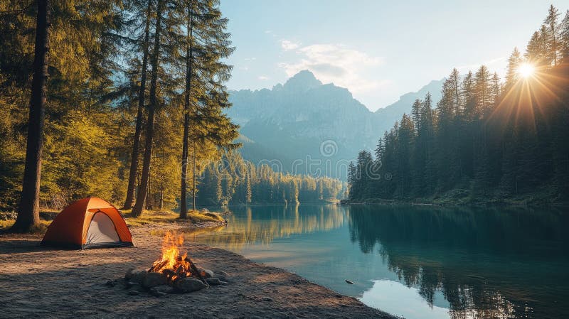 Serene Camping by Mountain Lake at Sunset with Tent and Campfire among ...