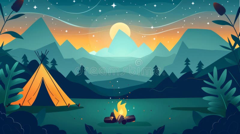 Serene Camping Night Under a Starlit Sky with Moon Over Mountains ...
