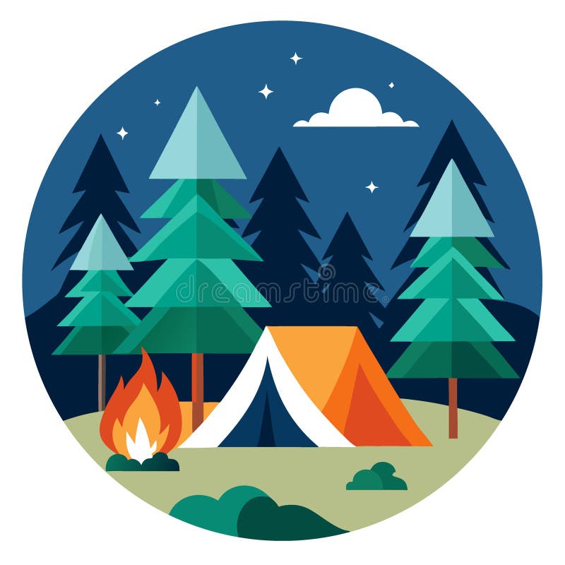 A Serene Camping Scene with Tents and a Campfire Surrounded by Tall ...