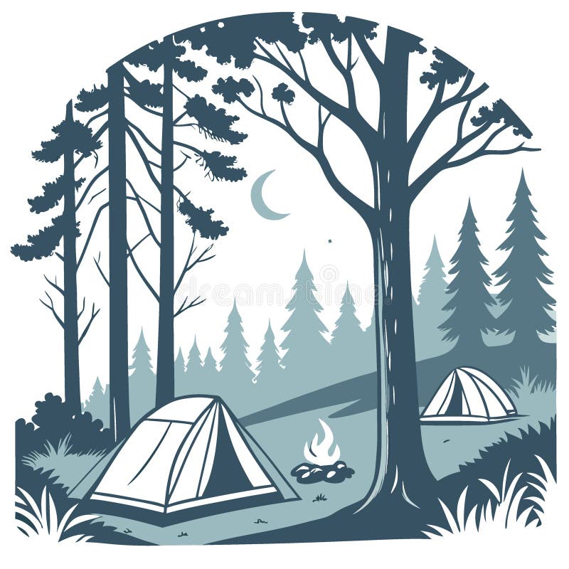 A Serene Camping Scene with Tents and a Campfire Surrounded by Tall ...