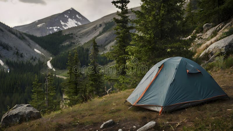 Serene Camping Tent Against Majestic Mountain Backdrop. Stock Image ...