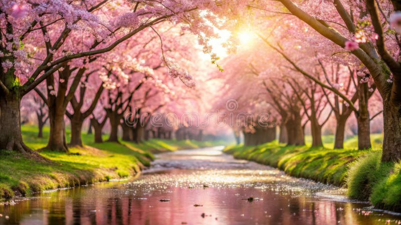 Serene Canal Pathway Under Blossoming Pink Trees in Springtime Sunlight ...