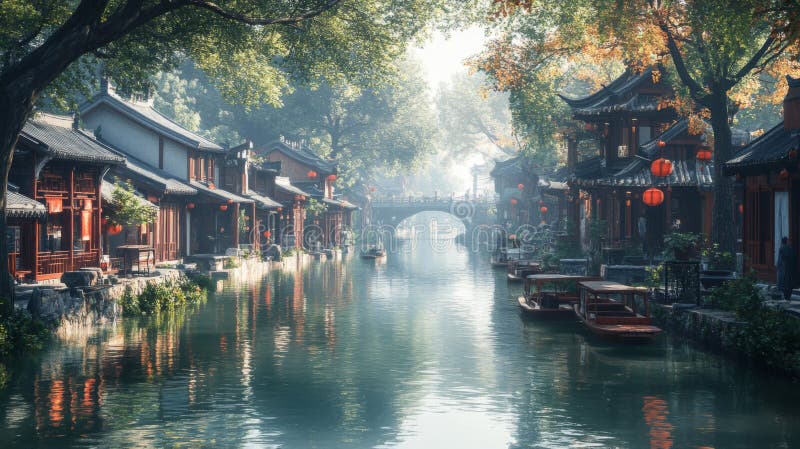 Serene Canal Scene in Ancient Chinese Town Stock Illustration ...