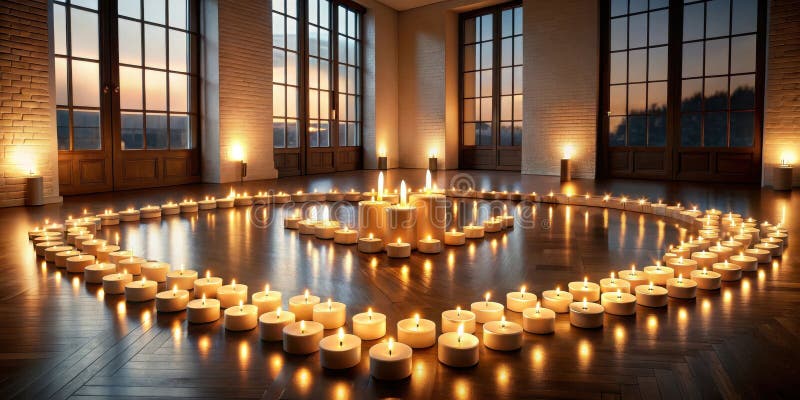 Serene Candlelight Path in a Spacious Room with Large Windows ...