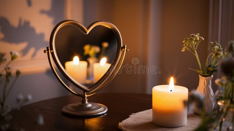 Candlelight Reflection in a Heart-Shaped Mirror Stock Illustration ...