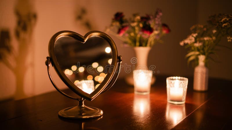 Candlelight Reflection in a Heart-Shaped Mirror Stock Illustration ...
