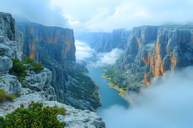 Serene Canyon with Misty River and Dramatic Cliff Views for Nature ...