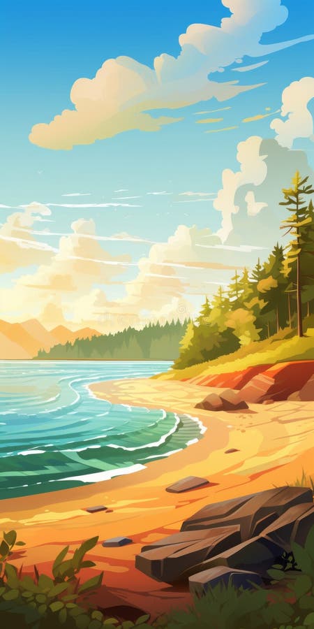 Colorful Seaside Inlet Illustration with Forest and Dunes Stock ...