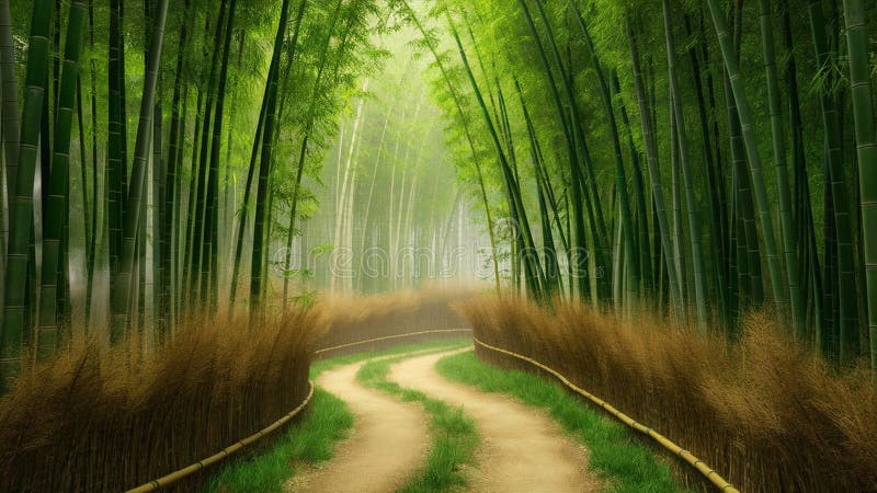 Peaceful Bamboo Forest Pathway Stock Illustration - Illustration of ...