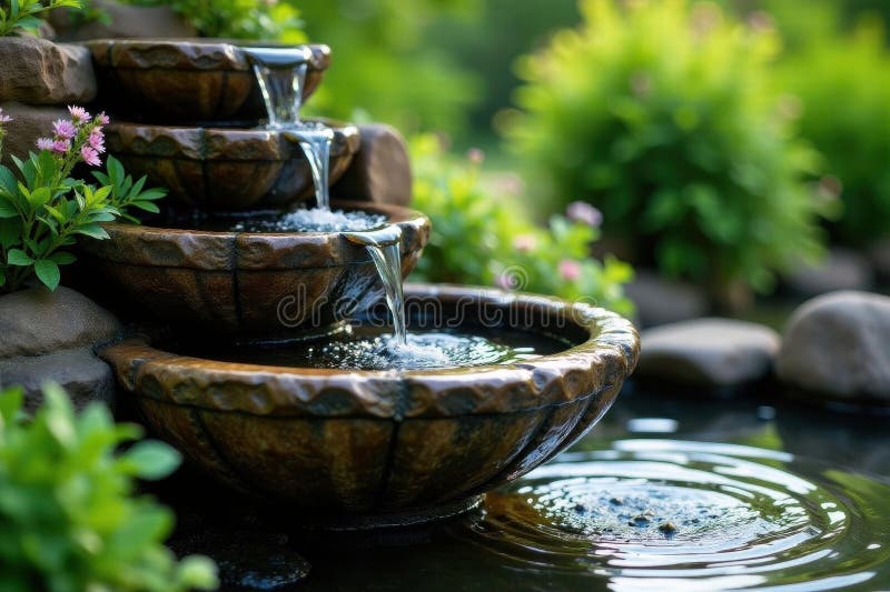 Serene Cascading Water Feature, Tiered Stone Basin , Droplets ...