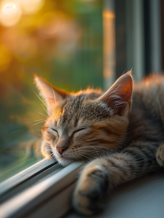 Serene Cat Napping by Morning Light Window. Generative AI Stock ...