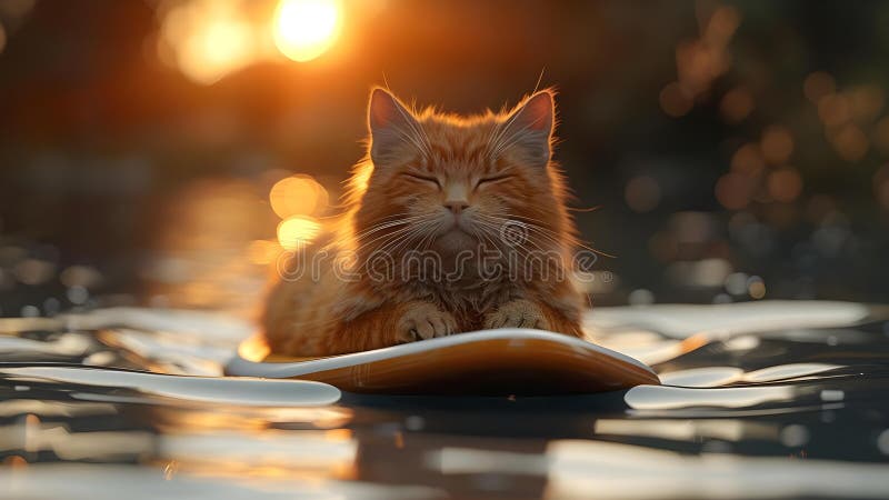 Serene Cat on Paddleboard: High-Resolution D Render at Sunrise. Concept ...