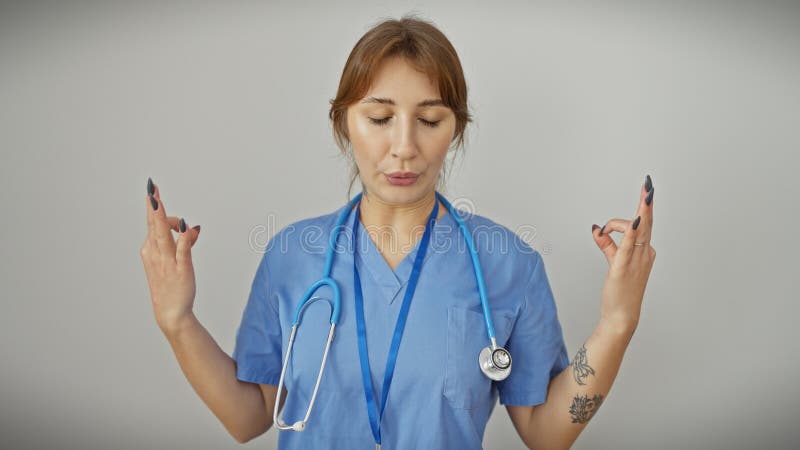 A Serene Caucasian Nurse in Blue Scrubs Performs a Meditation Pose ...